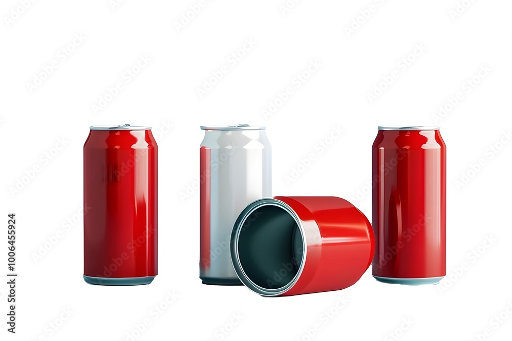 Red and white soda cans, one can is open, one silver with no label, all ...