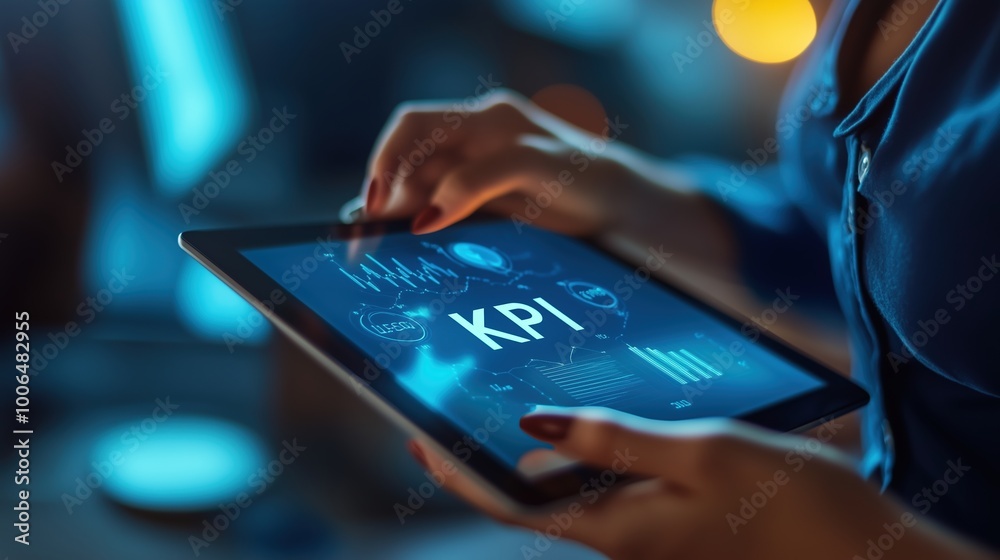 Businesswoman works on laptop Showing KPI business trends dashboard ...