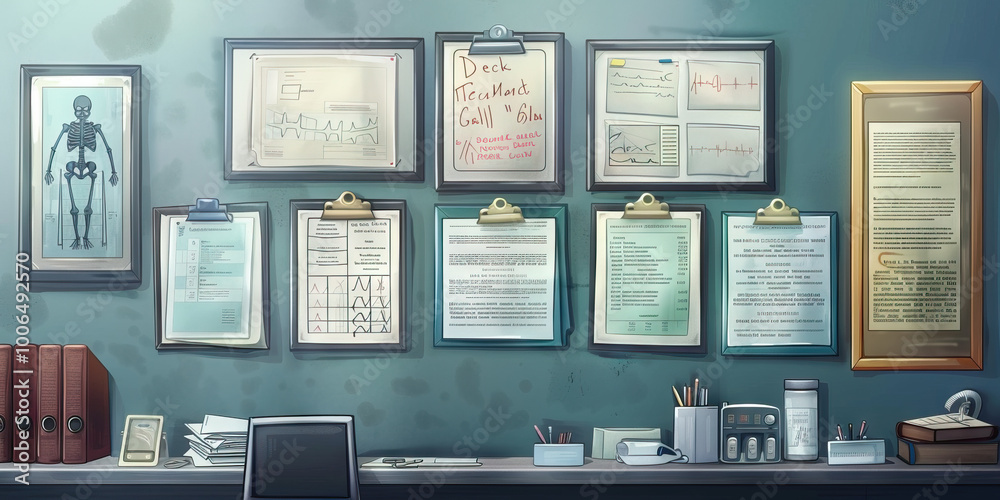 Doctor's Office Wall: Displaying medical diplomas, patient charts, and ...