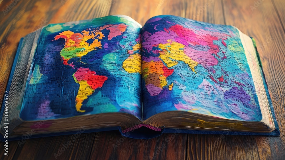 A colorful world map spread across the pages of an open book ...