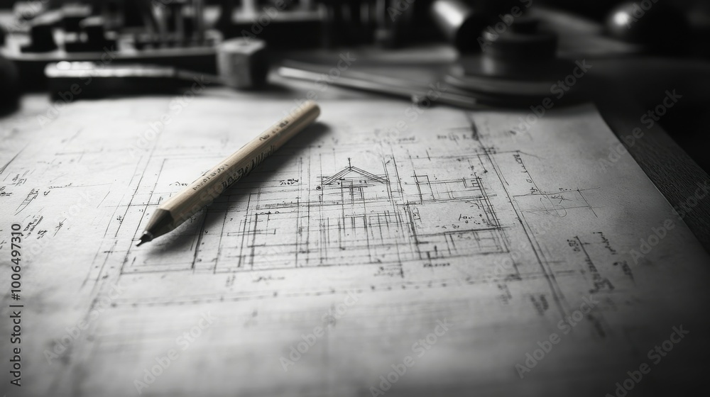 High-definition photo of a close-up freehand architectural drawing on ...