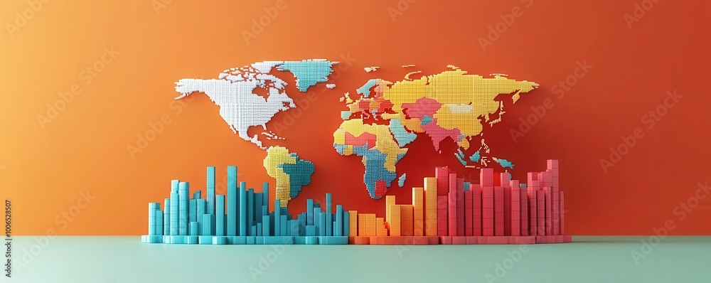 Colorful world map with 3D bar graph, representing data visualization ...