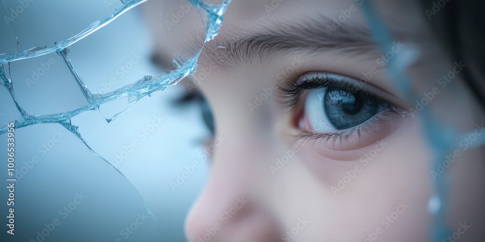 A child looks through shattered glass, surrounded by broken mirror ...
