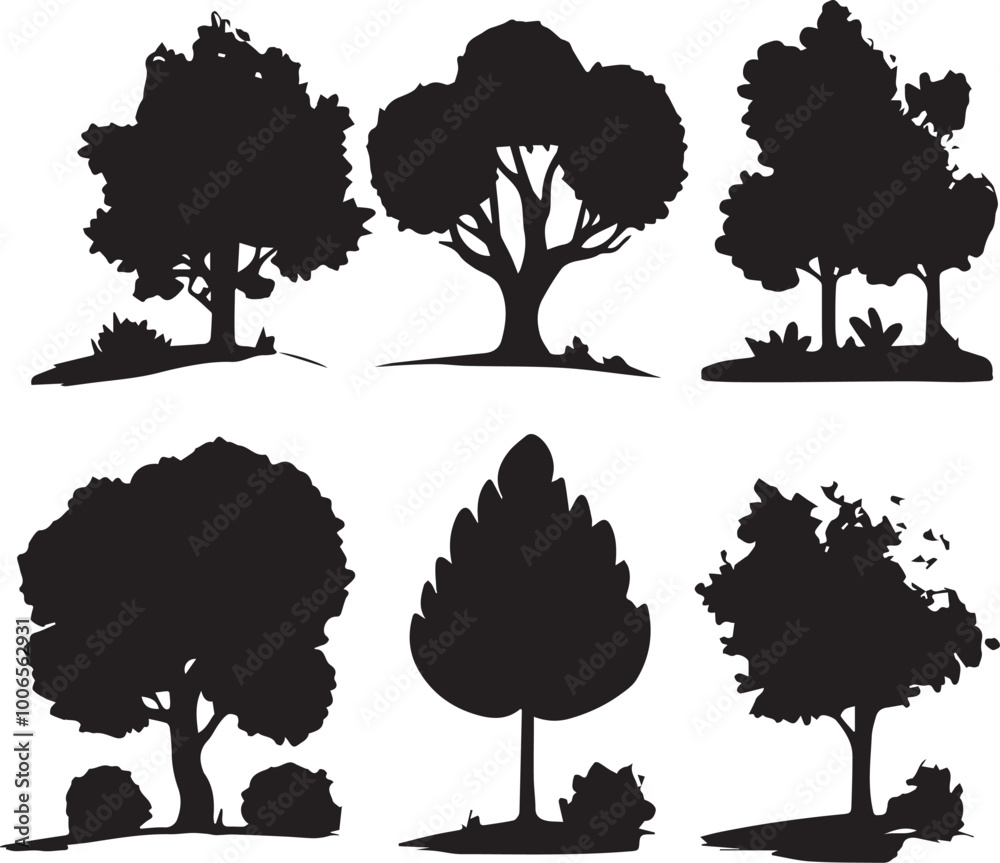 Silhouette tree set. Side view, set of graphic trees elements outline ...