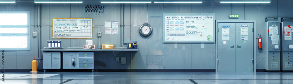Maintenance Staff Room Wall: Covered in safety guidelines, equipment ...