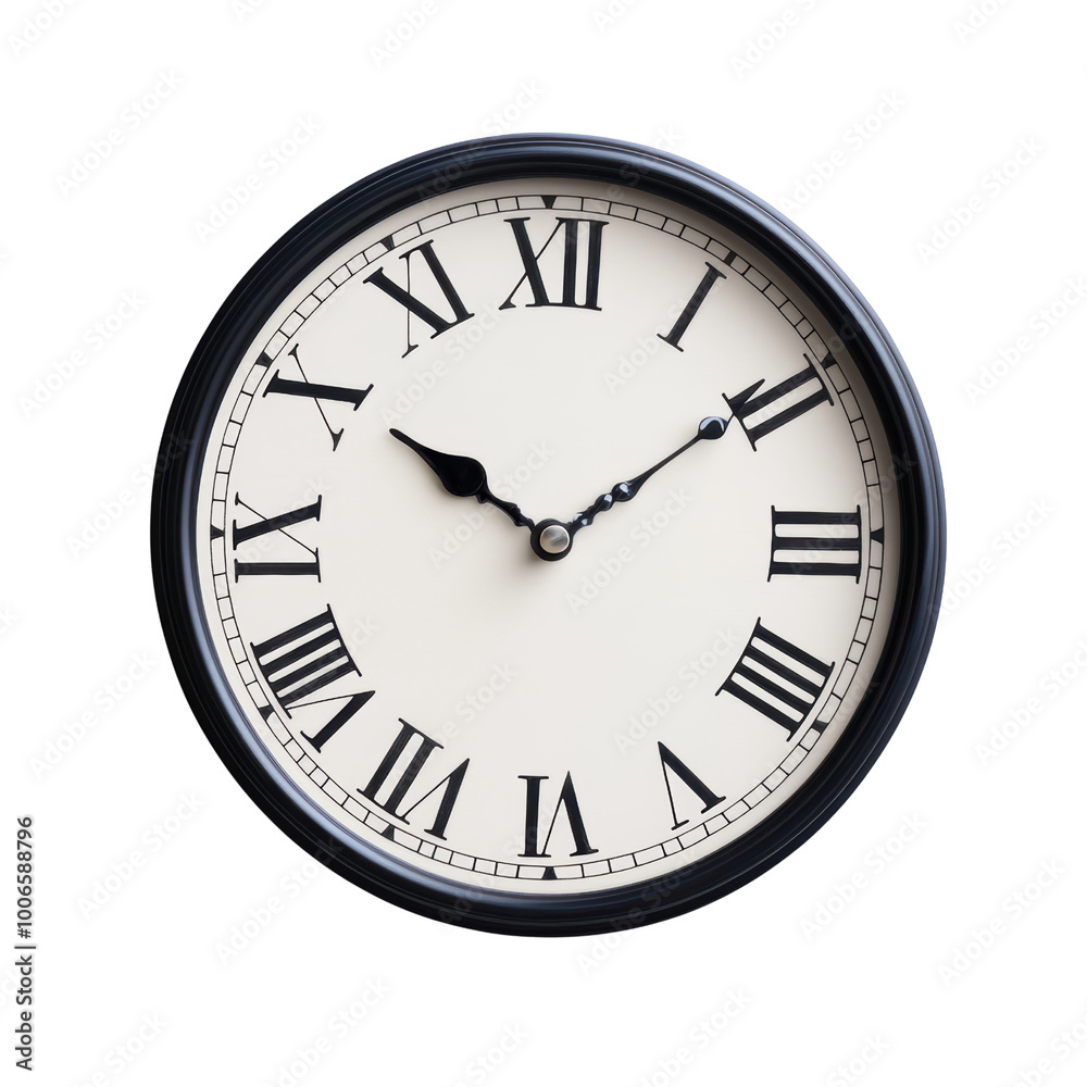 Classic wall clock with Roman numerals and black frame isolated white ...
