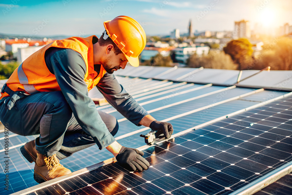 Solar photovoltaic panel installer working on roof of house with city ...