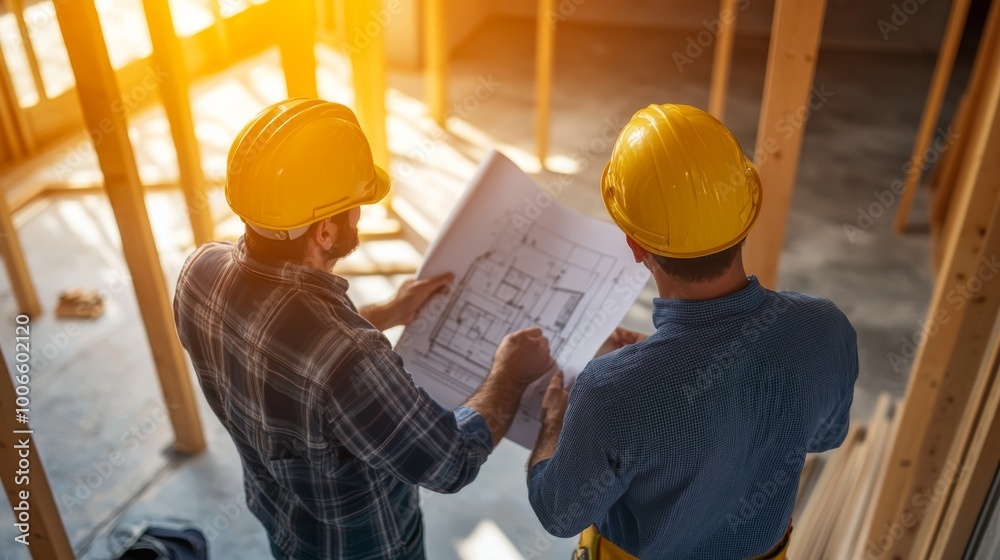 Two carpenters review blueprints inside a partially built timber house ...