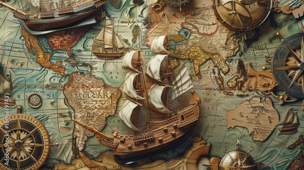 Vintage Columbus Day Poster with Historical Ships, Maps, and Artifacts ...