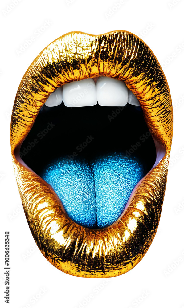 Open mouth with Shiny gold-colored lips and a blue tongue , isolated on ...