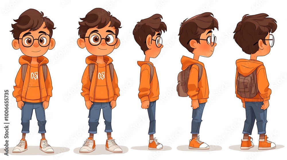 Cartoon boy character design sprite sheet. Front, side, back, and ...