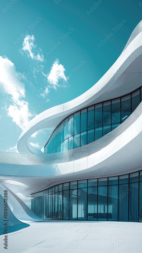 Modern architecture with sleek curves and glass facades under a bright ...