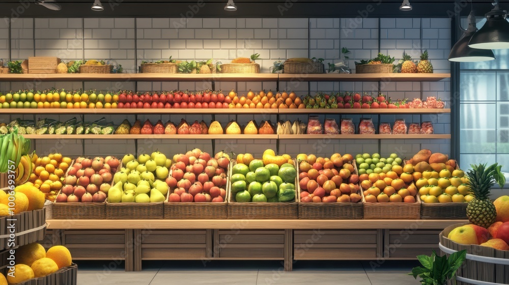 Realistic fruit shop interior with an array of neatly organized fresh ...