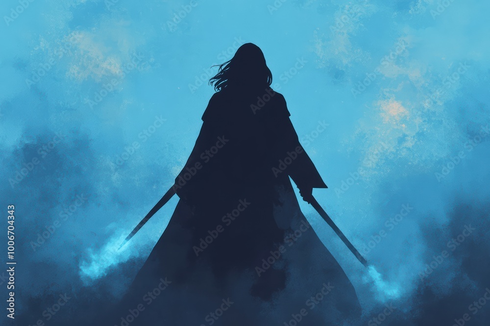Mysterious figure shrouded in fog, holding glowing swords, evoking ...