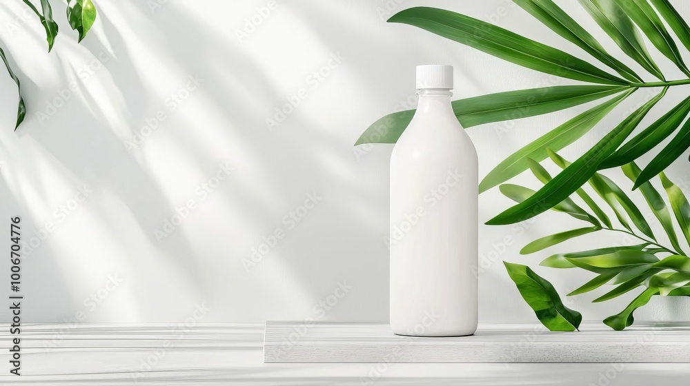 Realistic 3D blank milk packaging mockup with natural leaf shadows ...