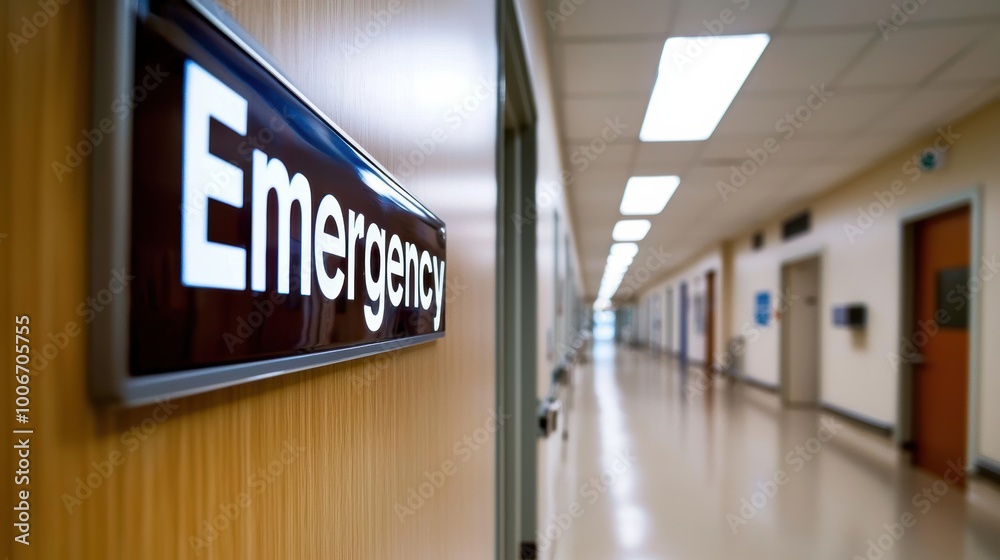 A clear image of an emergency exit sign in a hospital corridor ...