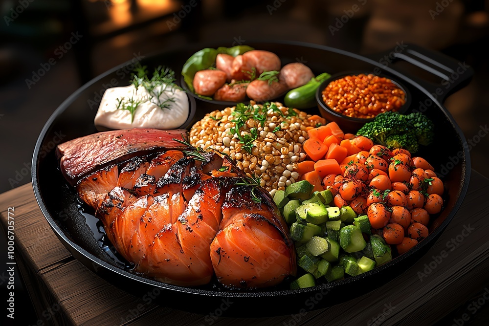 3D digital model of a blood type diet meal, where proteins, grains, and ...