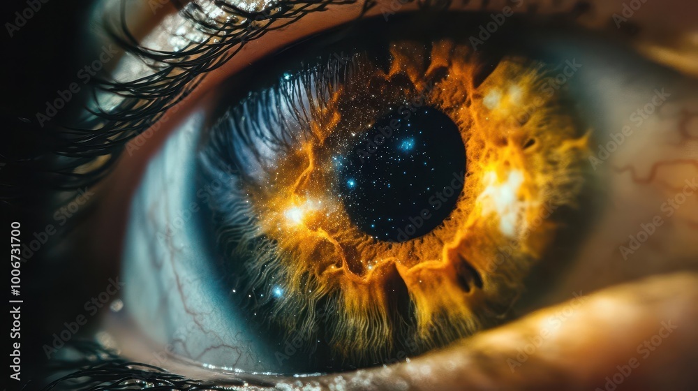 surreal close-up of a human eye, the iris transformed into a cosmic ...