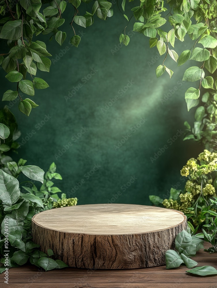 3d Mock up Moss green podium with natural wood textures and leafy vines ...