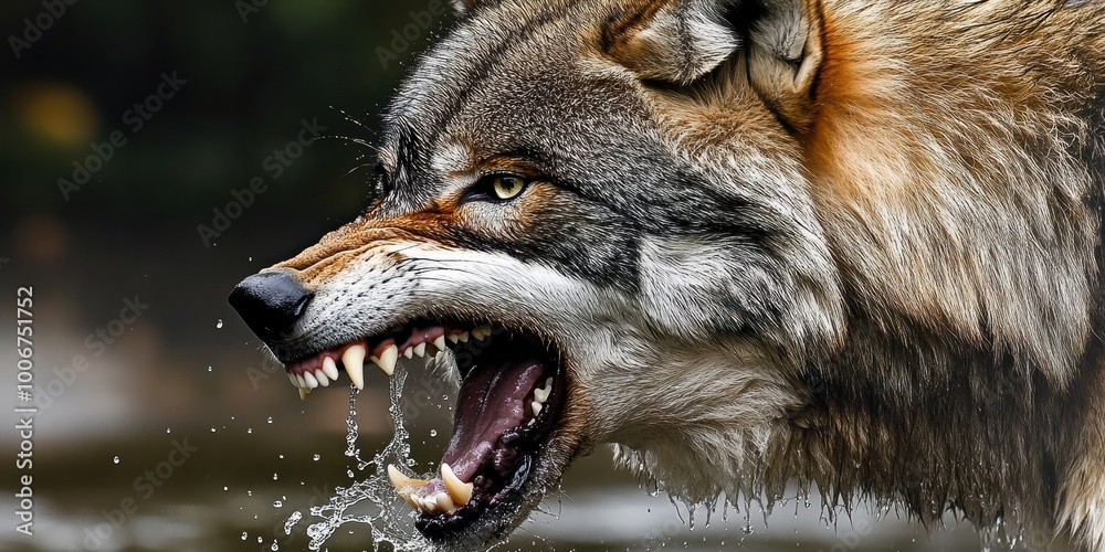 wolf side view growling with watery mouth showing sharp teeth Stock Photo | Adobe Stock