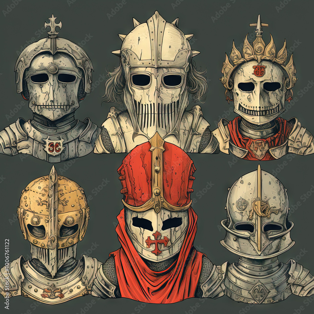 Mystic knight portraits set in metal armor. Occult scary knights in ...