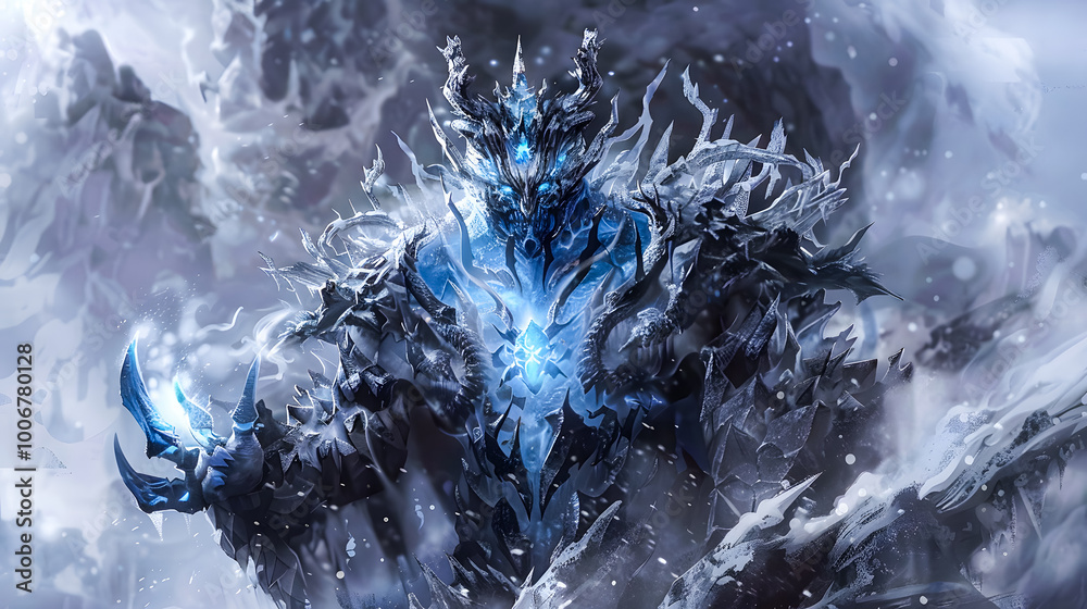 Epic 3D illustration of a frost knight with glowing blue aura, standing ...