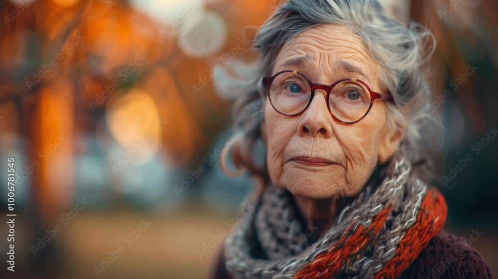 portrait of a 60 year old woman with poor eyesight, half body frame ...