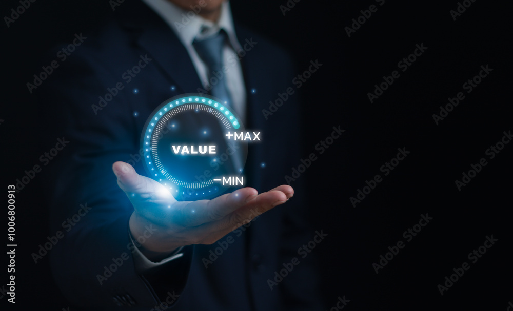 Businessman showing value added graph with virtual screen on hand ...