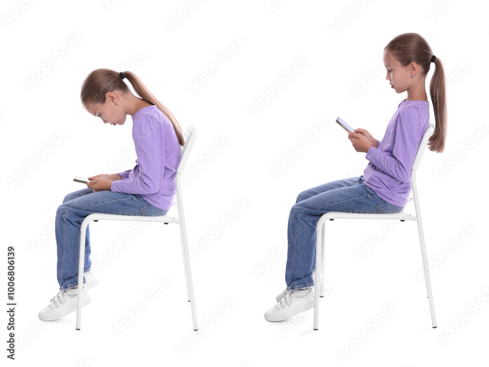Good and bad posture, collage. Girl sitting on chair and using mobile ...