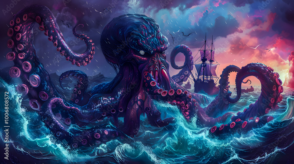 Epic fantasy scene of a colossal kraken, resembling Cthulhu, emerging from the deep sea ...