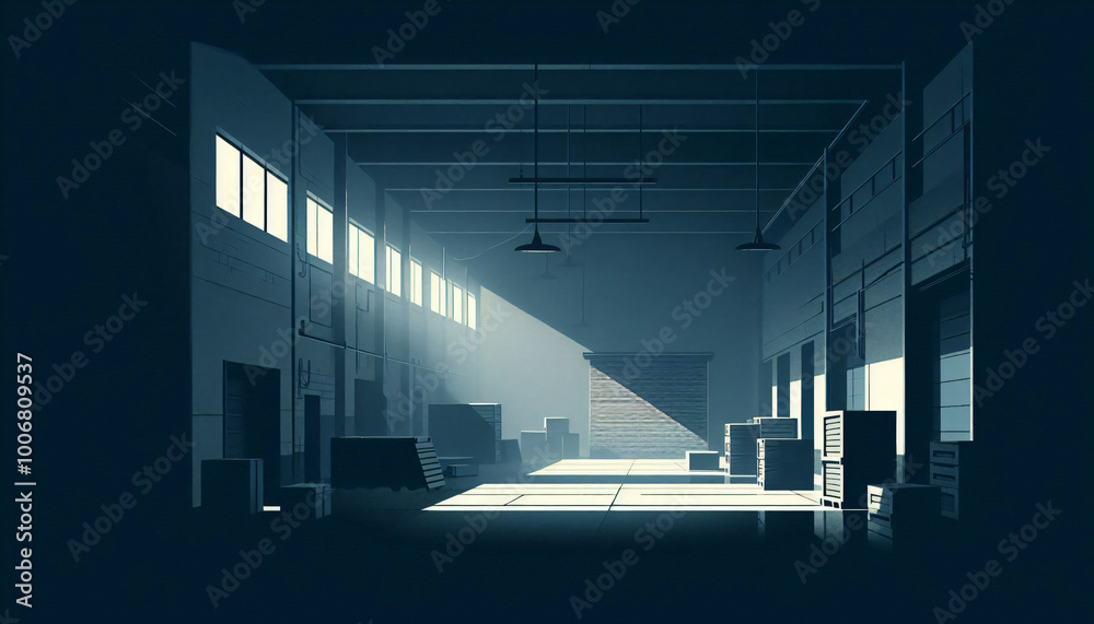 Abandoned Warehouse in Visual Novel Style with Dramatic Shadows and ...