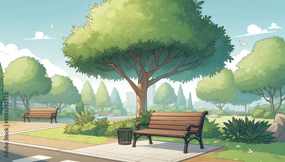 Park Bench Under Tree for Mobile Visual Novel with Minimalistic Outdoor ...