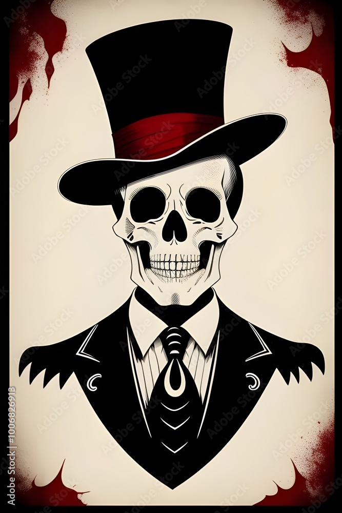 illustration, drawing vintage etching, skeleton with the top hat for ...