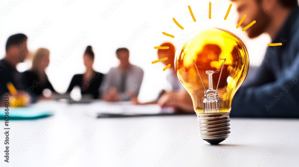 Creative business team brainstorming innovative ideas around a glowing ...