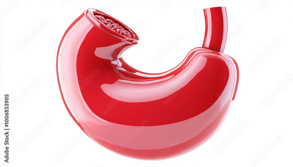 A realistic 3D model of a human stomach, showing the connection to the ...