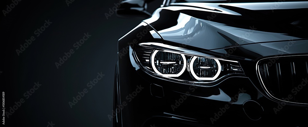 Close-up view of a sleek luxury car front headlight, showcasing modern ...