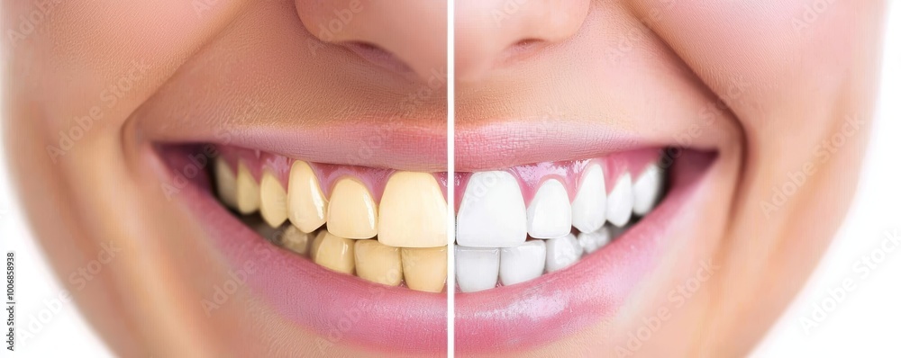 Before and after teeth whitening comparison showcasing improvement in smile brightness. Stock ...