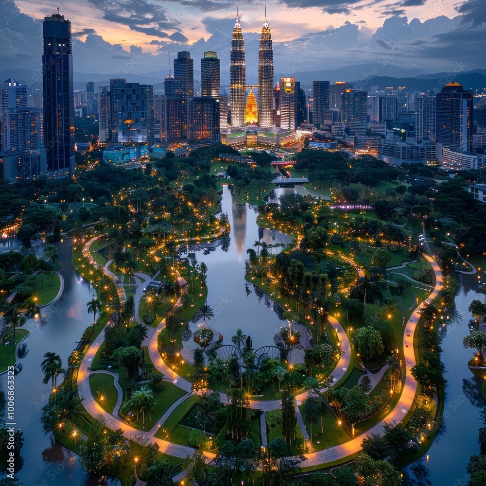 Night aerial view of the KLCC Park in Kuala Lumpur, Malaysia. The urban ...