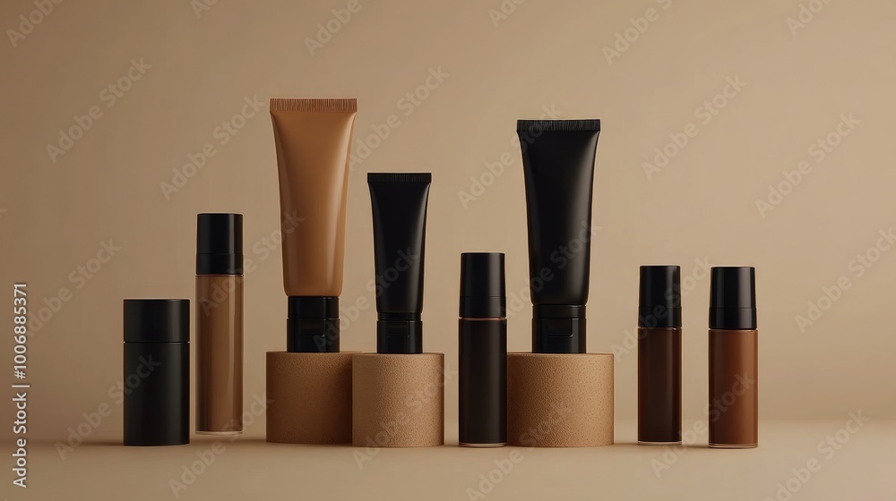 Collection of cosmetic tubes and liquid foundation bottles, arranged ...