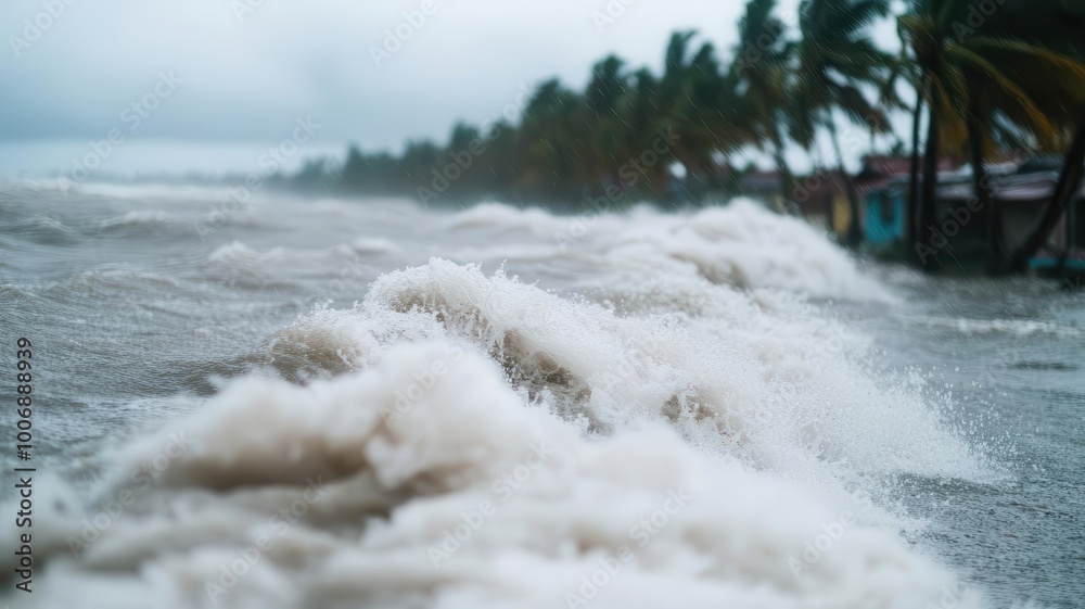 Typhoon hitting an island, with massive waves and strong winds ...