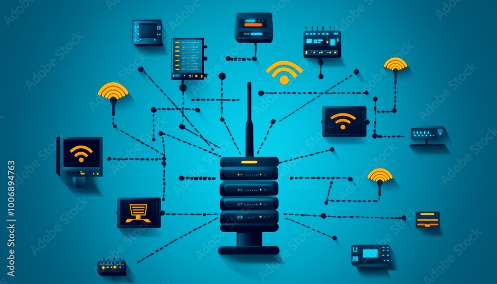 A flat design showing a telecommunications network diagram, with ...