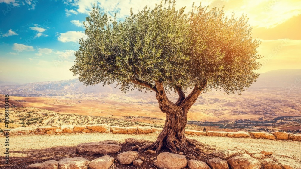 Olive tree growing between rugged rocks, with the landscape of ...