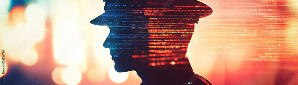 silhouette of police officer merges with vibrant digital imagery ...