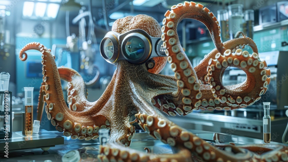 An octopus wearing goggles working in a futuristic science lab ...