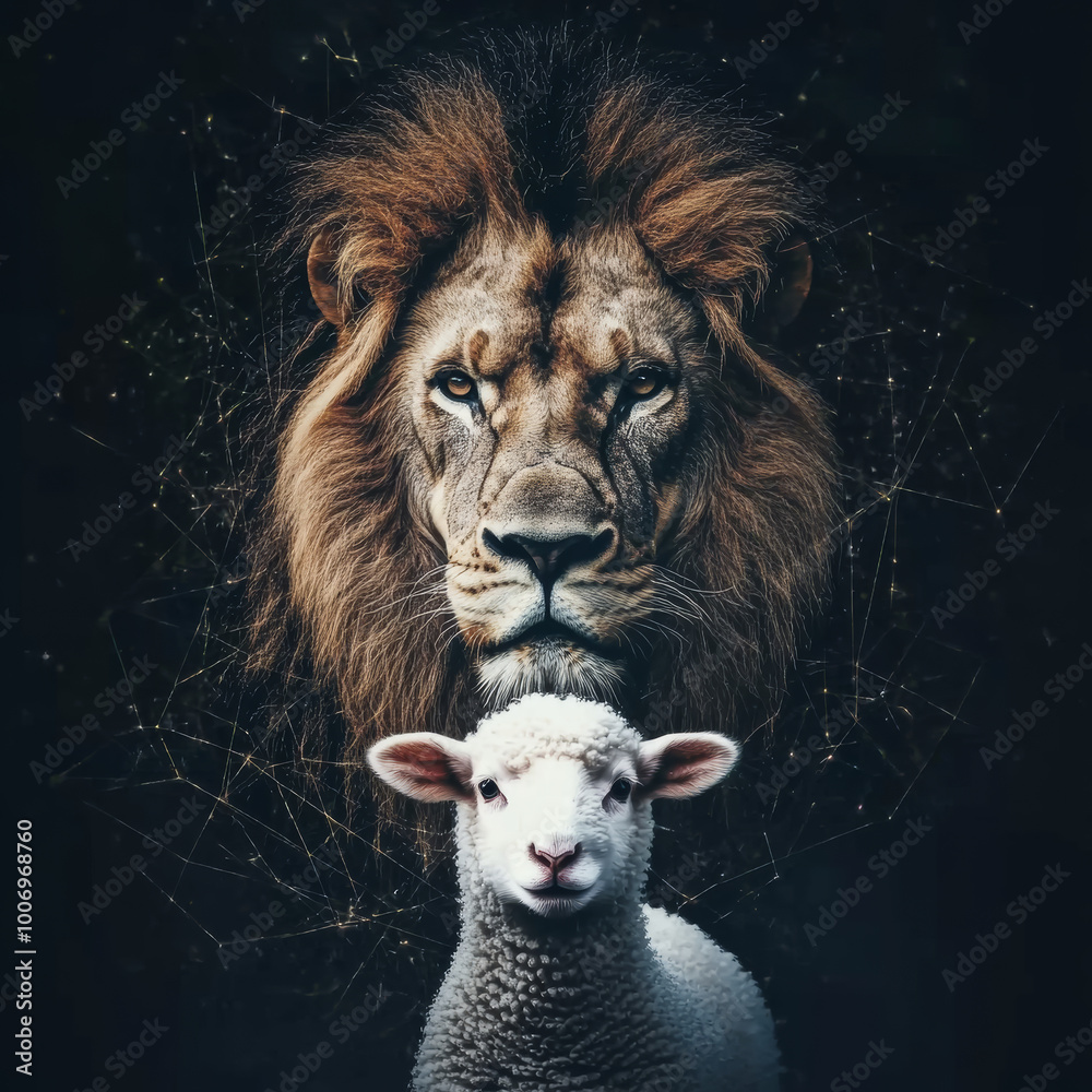 majestic lion and gentle lamb stand together against dark background ...
