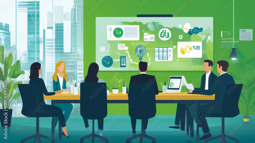 Corporate boardroom meeting focused on greening the supply chain, with ...