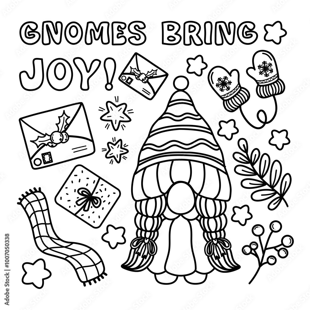 Cute cartoon Christmas gnomes Outline Doodle for Coloring page ...