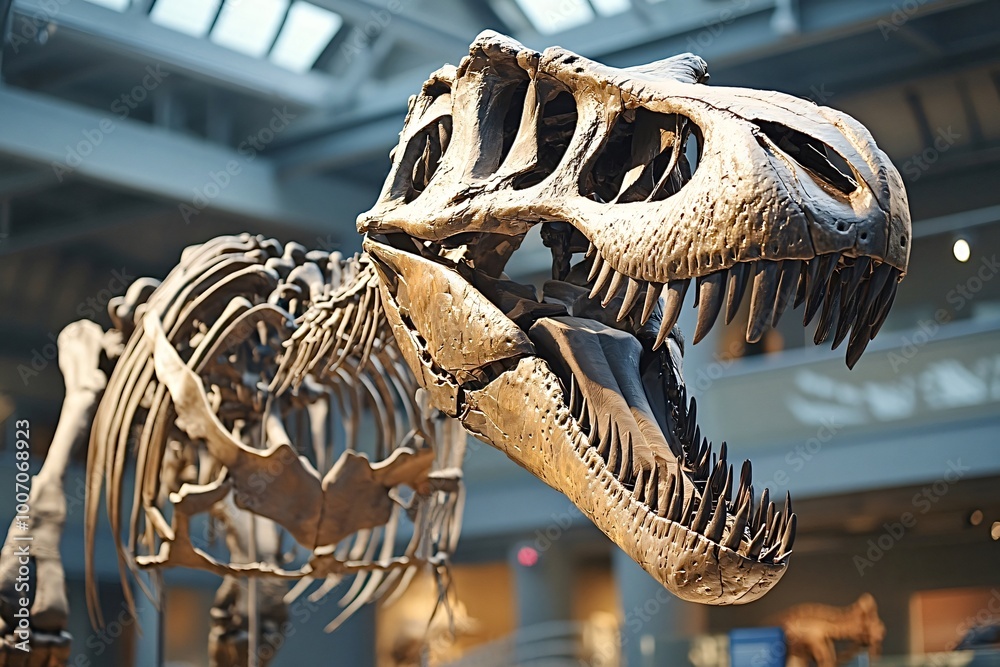 T-rex skeleton in a museum showcases its massive skull, strong jaws ...
