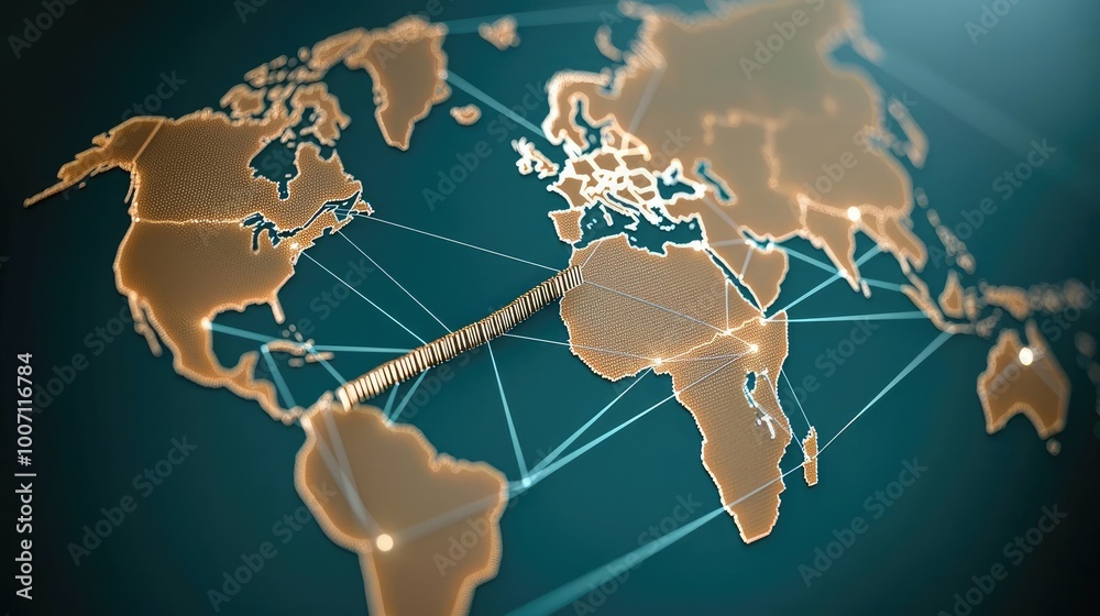 Stylized world map with interconnected lines representing global networking and communication ...