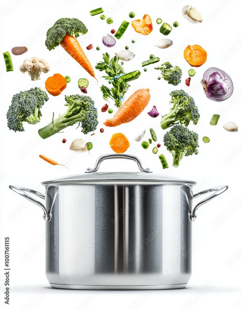 PNG image of fresh vegetables falling into a cooking pot on a white ...